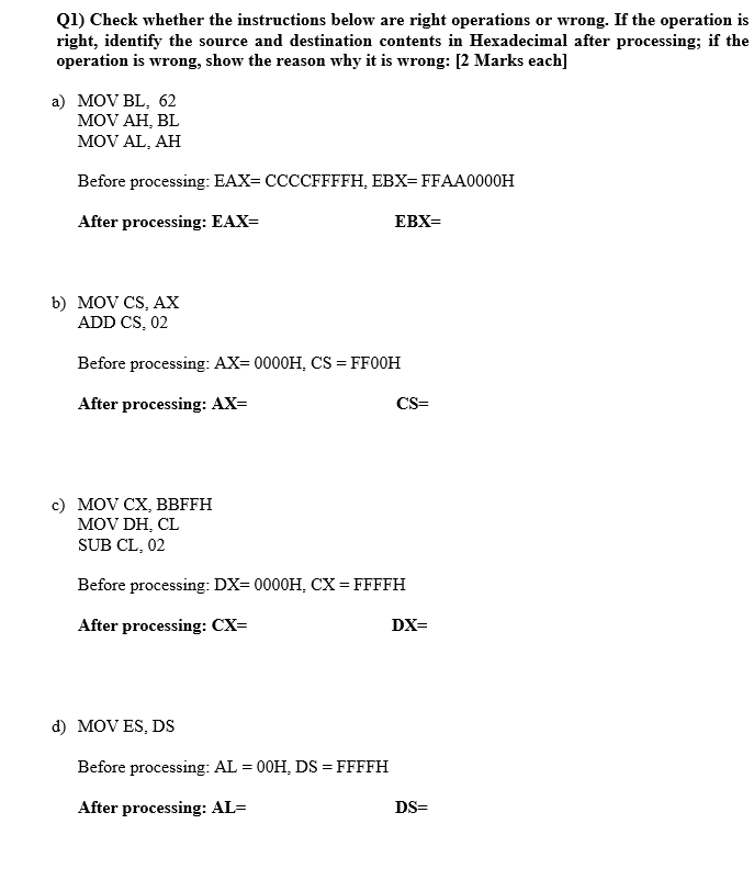 Solved Q1) Check whether the instructions below are right | Chegg.com