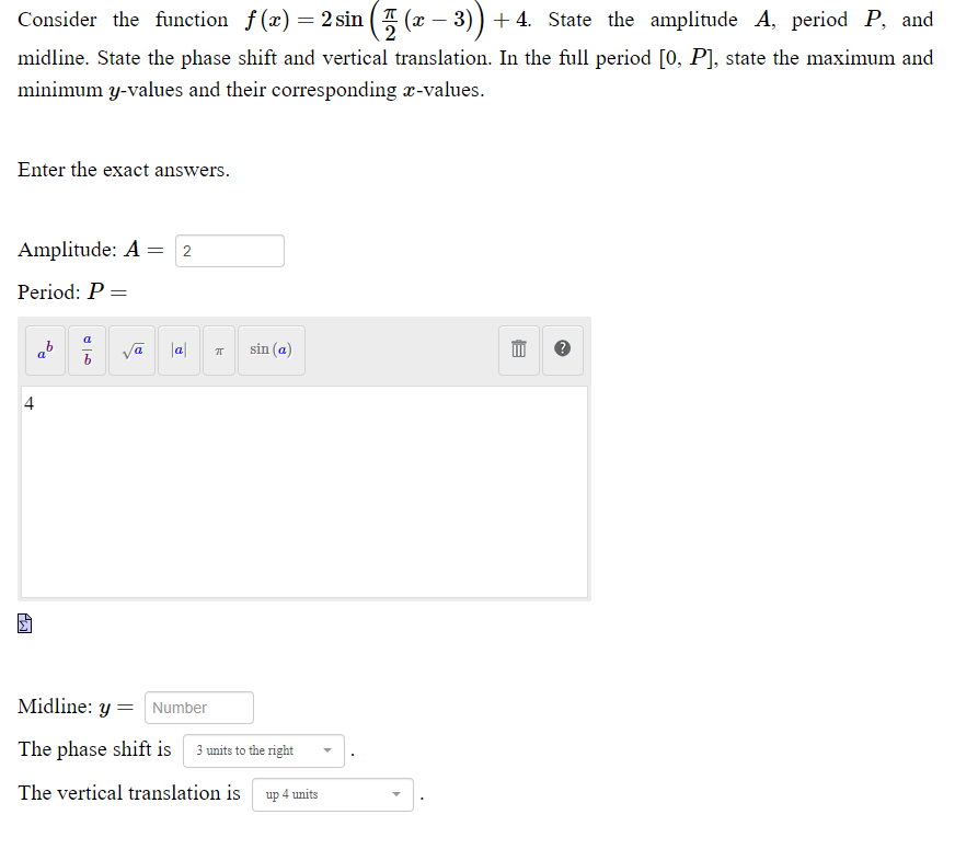 Solved For x in the interval [0,P], the minimum y-value and | Chegg.com