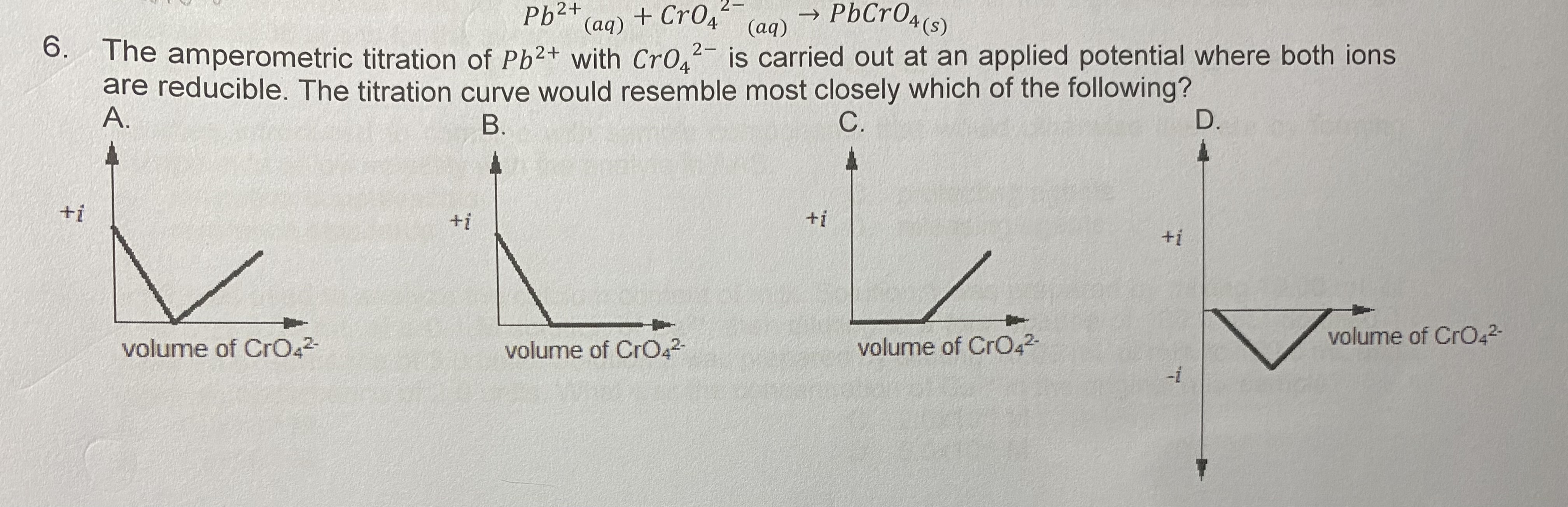 Solved Pb2+(aq)+CrO4(aq)→PbCrO4(s) 6. The amperometric | Chegg.com