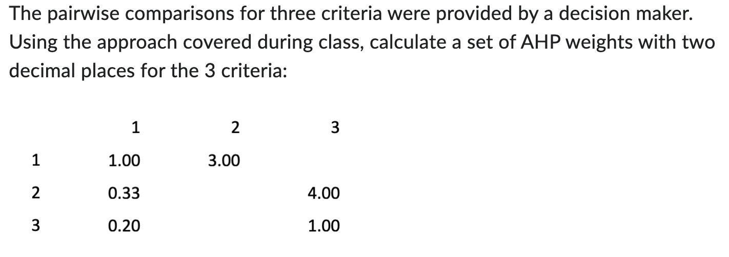 Solved The pairwise comparisons for three criteria were | Chegg.com