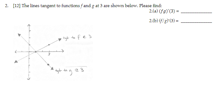 Solved 2. [12] The lines tangent to functions f and g at 3 | Chegg.com