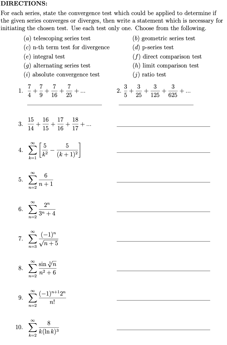 Solved DIRECTIONS: For each series, state the convergence | Chegg.com