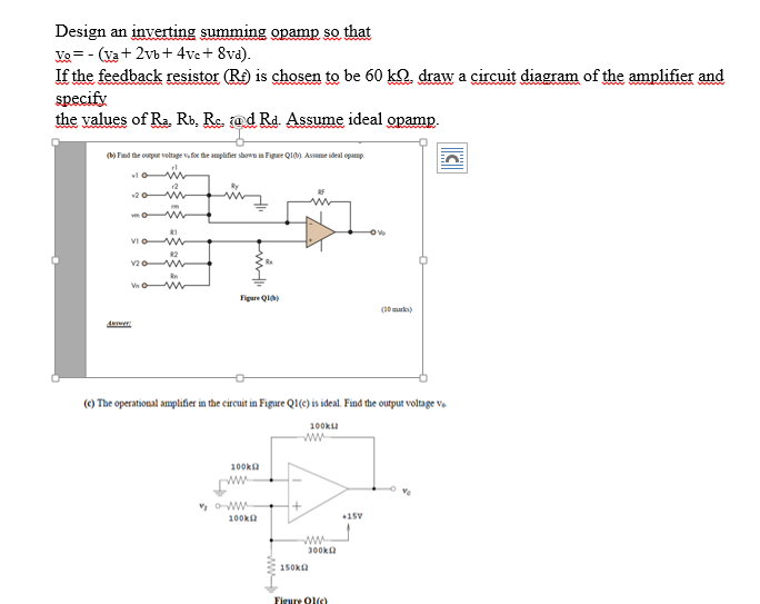 Solved Design an inverting summing opamp so that Vo= -(va + | Chegg.com
