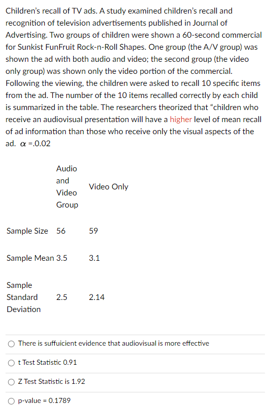 Solved Children's recall of TV ads. A study examined | Chegg.com