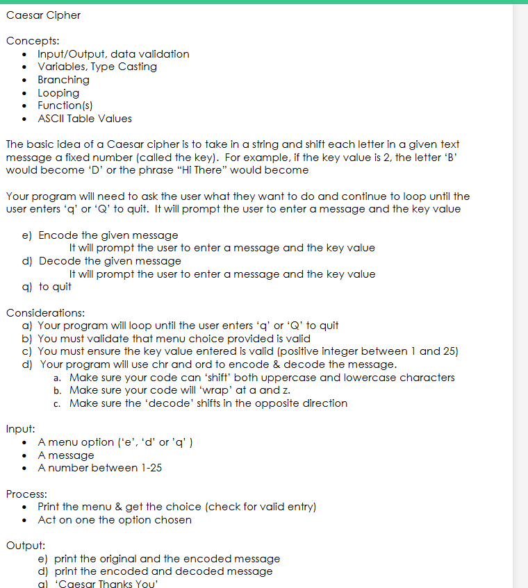 Solved Caesar Cipher Concepts: • Input/Output, data | Chegg.com
