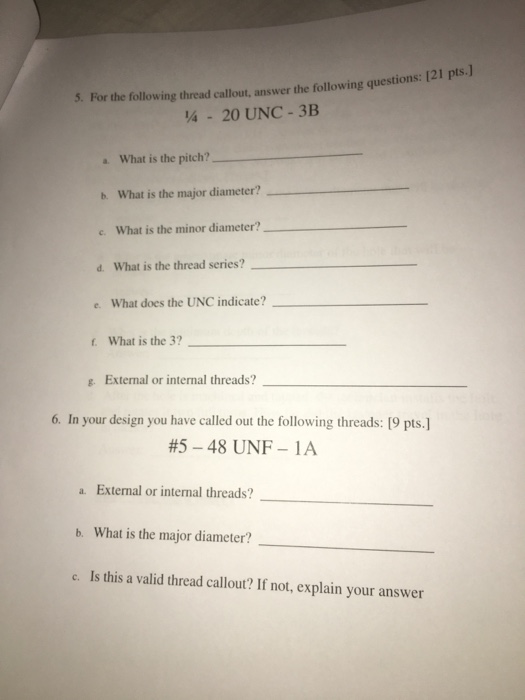 Solved s.J 5. For the following thread callout, answer the | Chegg.com