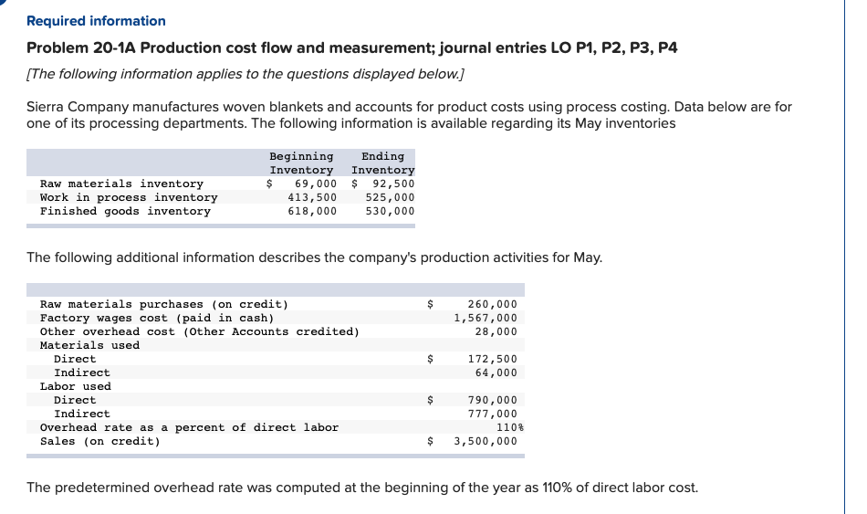 Solved Required information Problem 20-1A Production cost | Chegg.com