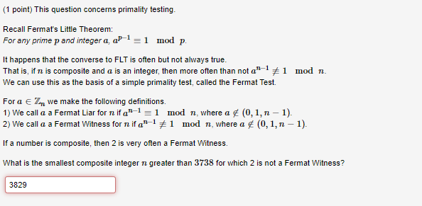 Solved (1 point) This question concerns primality testing. | Chegg.com
