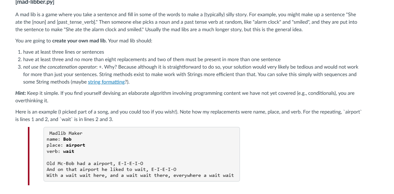 Solved A mad lib is a game where you take a sentence and | Chegg.com