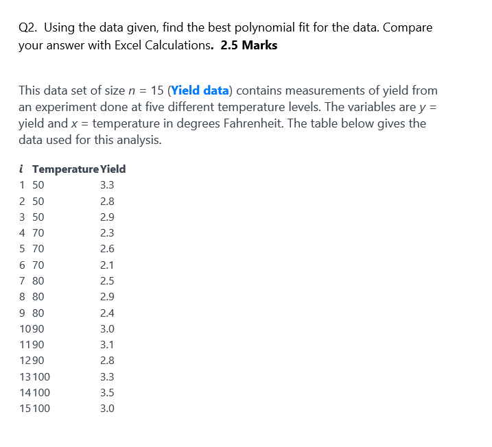 Solved Q2. Using the data given, find the best polynomial | Chegg.com