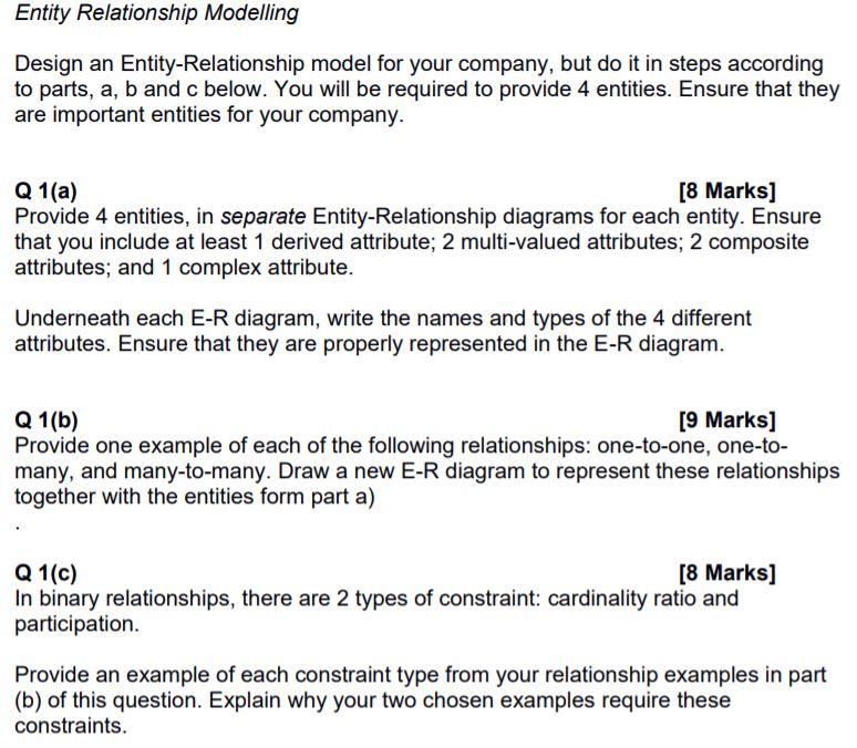 Solved Entity Relationship Modelling Design an | Chegg.com
