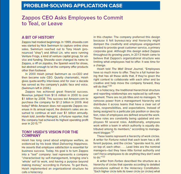 PROBLEM-SOLVING APPLICATION CASE Zappos CEO Asks | Chegg.com