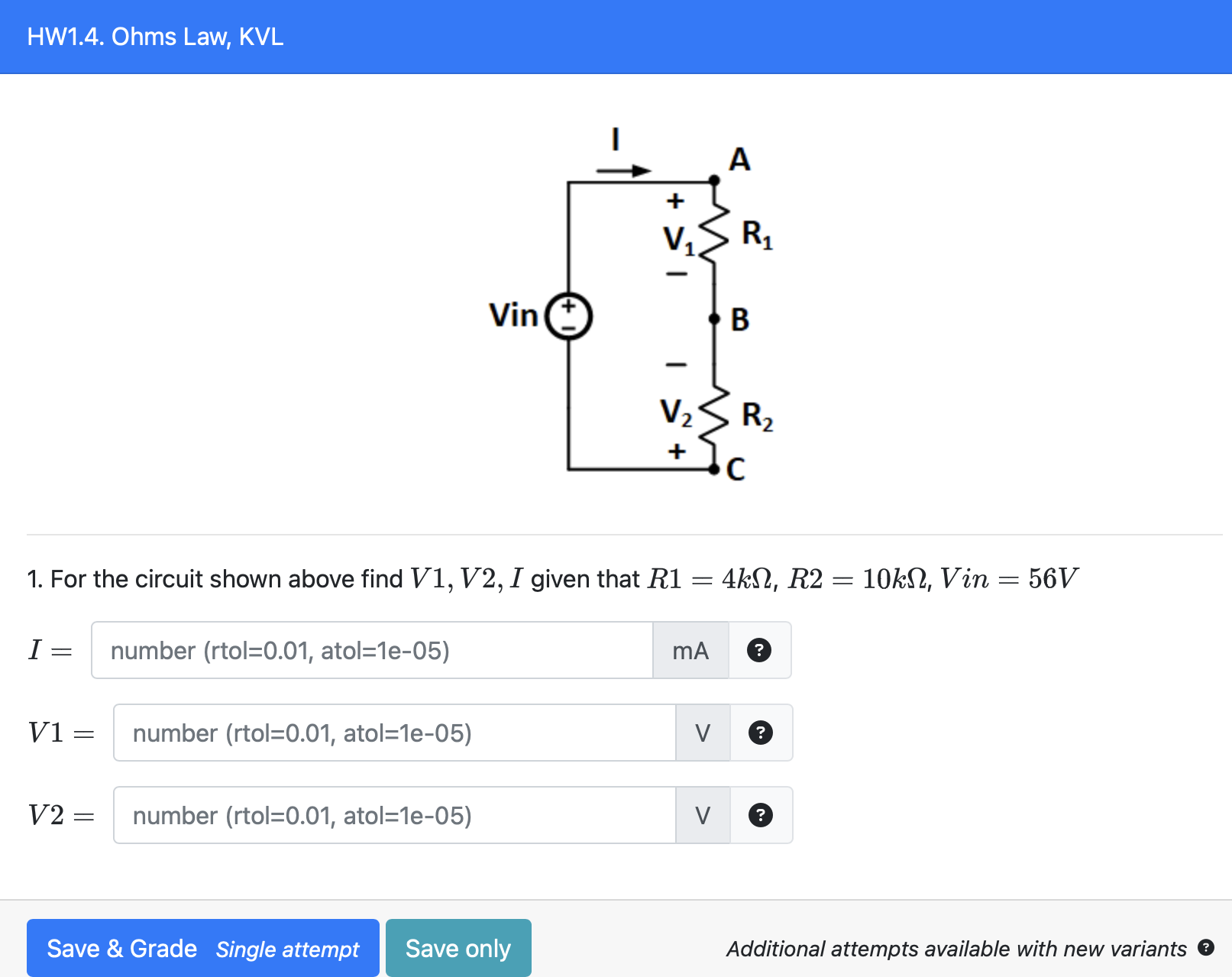 Solved 1. For the circuit shown above find V1,V2,I given | Chegg.com