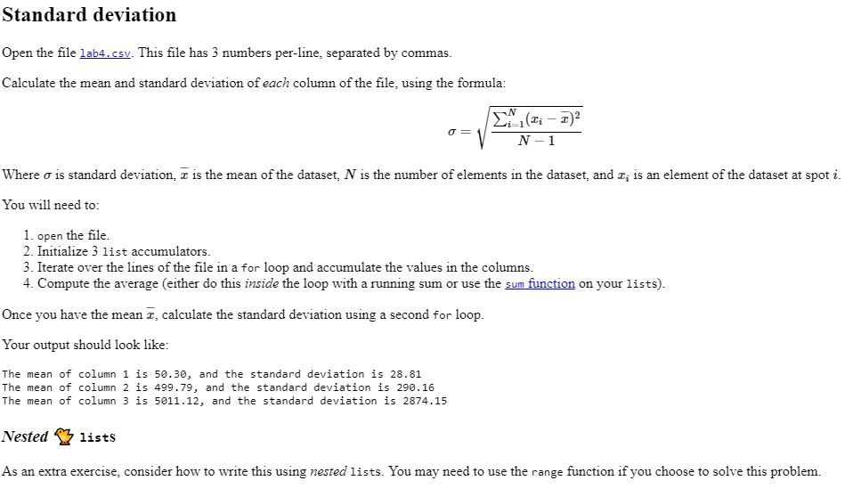 Solved Standard deviation Open the file lab4.csv. This file | Chegg.com