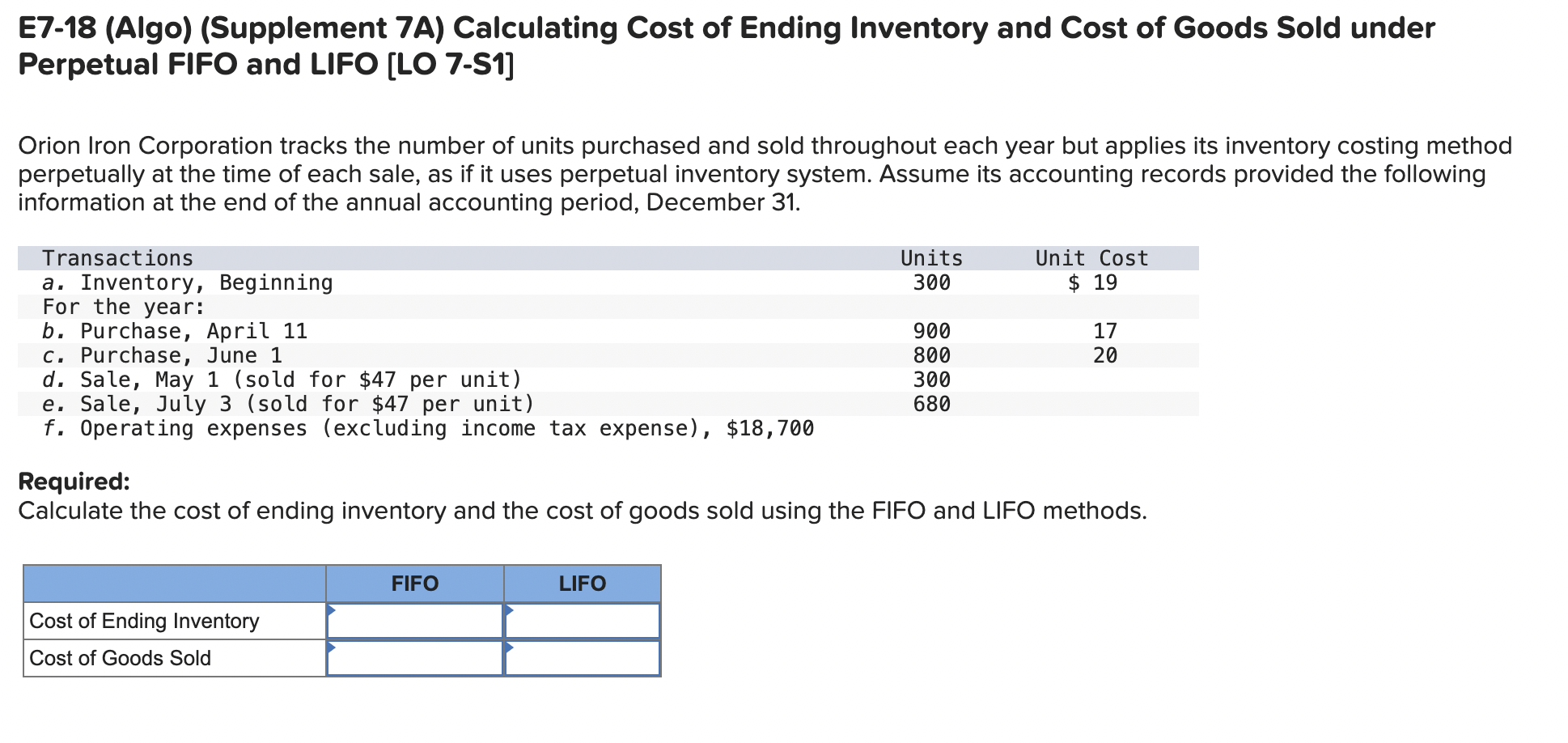 Solved E7-18 (Algo) (Supplement 7A) Calculating Cost of | Chegg.com