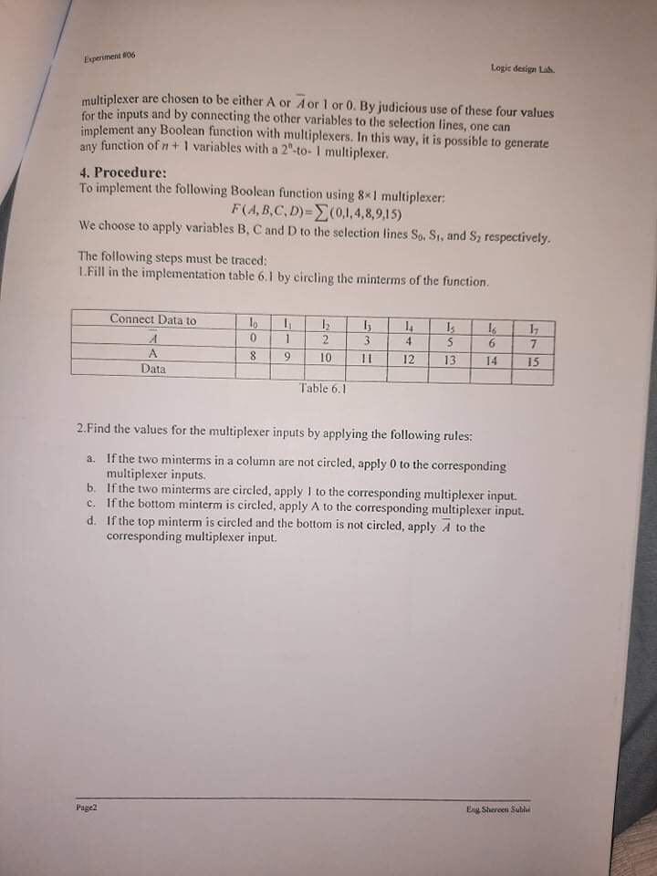 Solved Experiment 106 Logic design Lib. multiplexer are | Chegg.com
