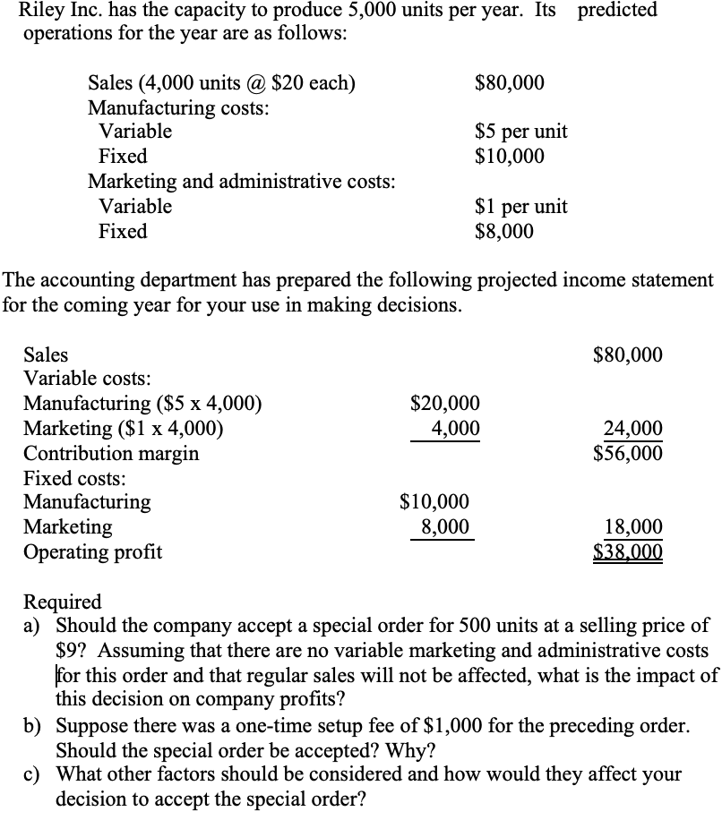 Solved predicted Riley Inc. has the capacity to produce | Chegg.com