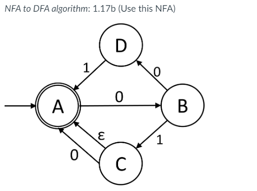 Solved NFA to DFA algorithm: 1.17 b (Use this NFA)b. Convert | Chegg.com Solved NFA to DFA algorithm: 1.17 b (Use this NFA)b. Convert | Chegg.com