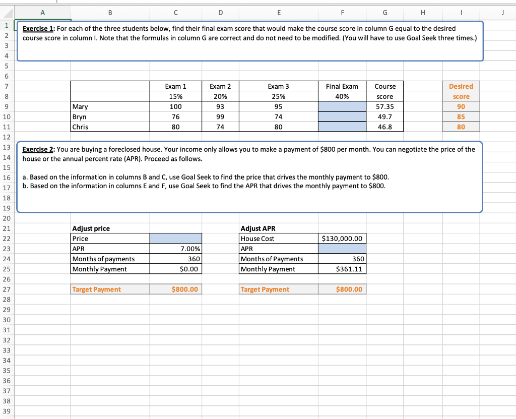 Solved A B с D E F G H H 1 J 1 2 3 Exercise 1: For each of | Chegg.com