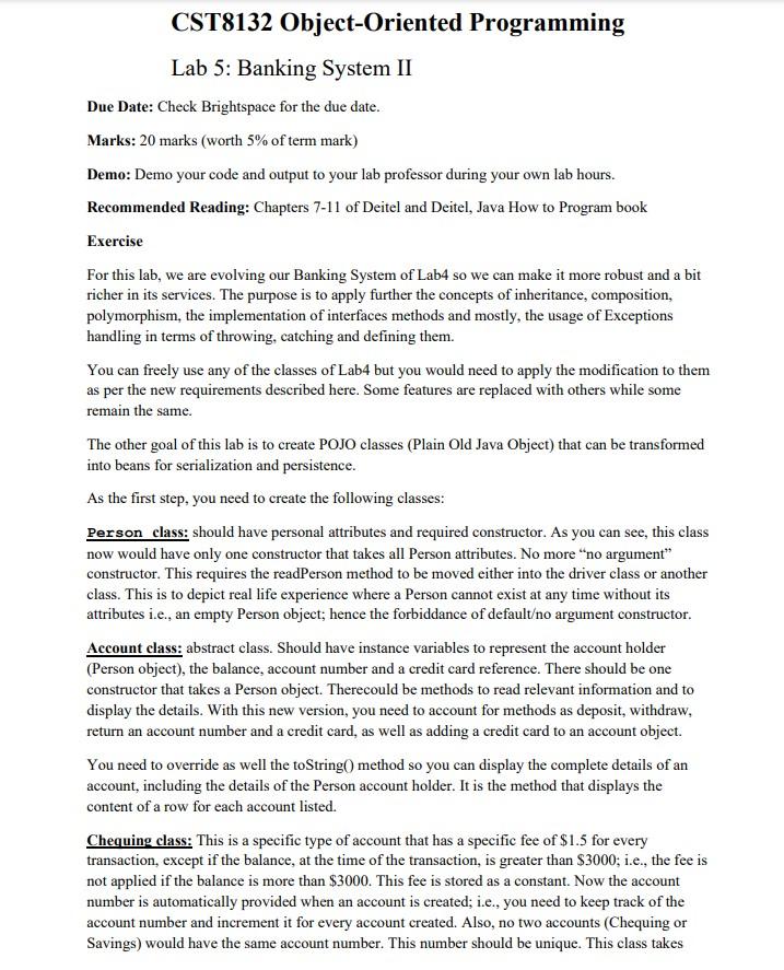 Solved CST8132 Object-Oriented Programming Lab 5: Banking | Chegg.com