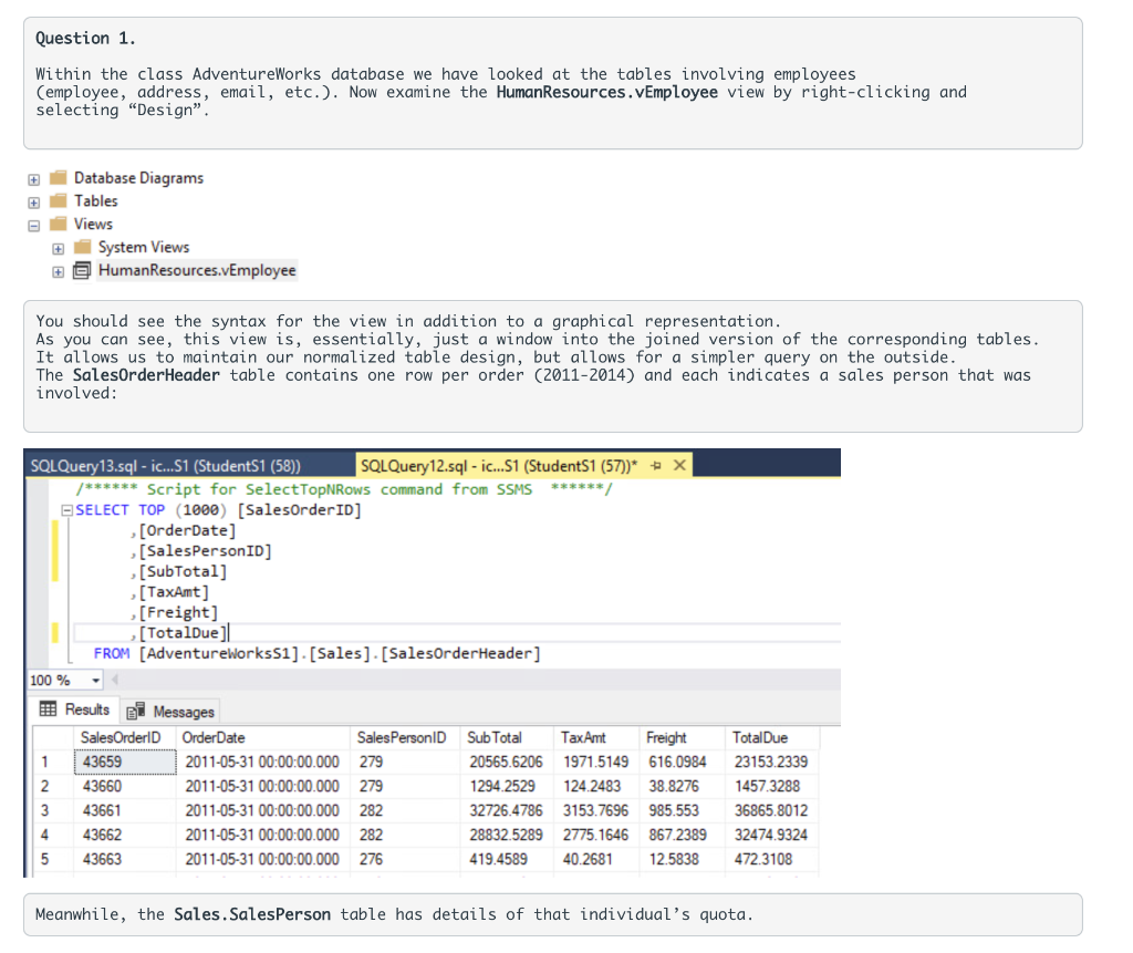 Solved Question 1. Within the class AdventureWorks database | Chegg.com
