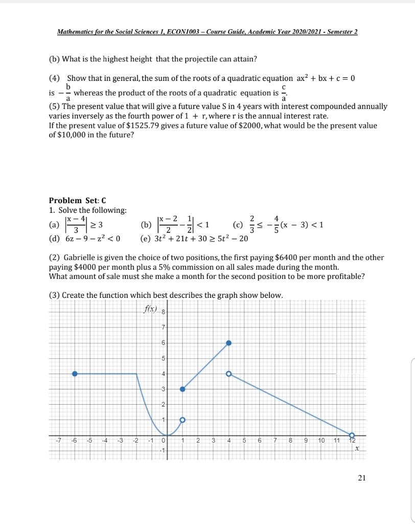 Solved Mathematics for the Social Sciences 1, ECON1003 - | Chegg.com