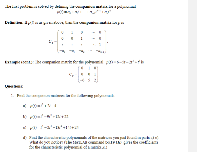 Solved The first problem is solved by defining the companion | Chegg.com