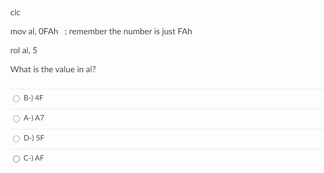 Solved clc mov al, OFAh ; remember the number is just FAh | Chegg.com