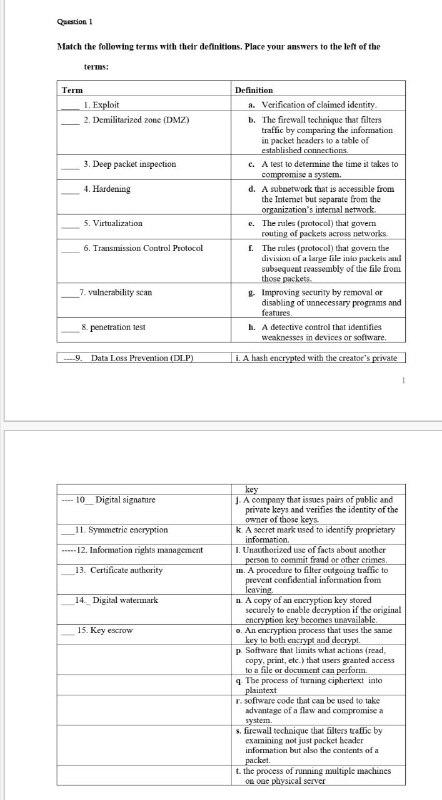 Solved Question 1 Match The Following Terms With Their