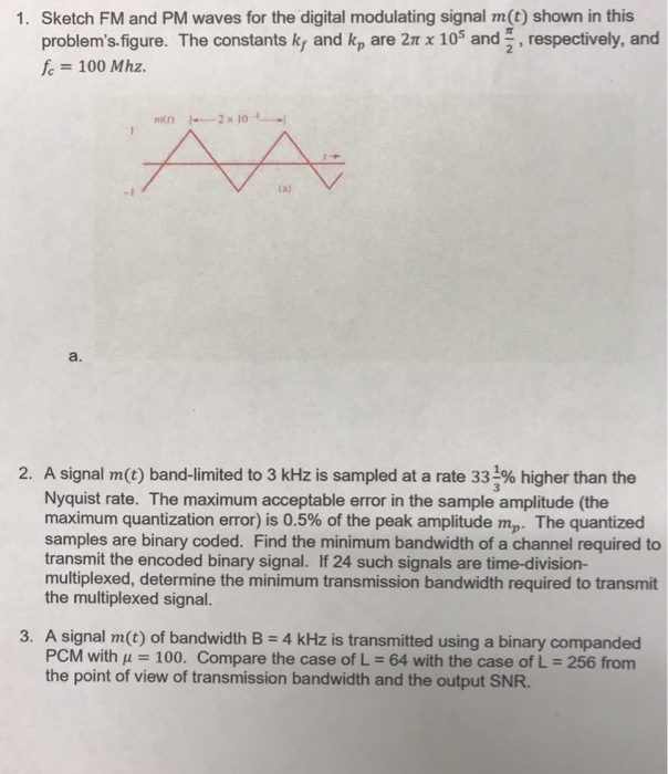 (Solved) - 1. Sketch FM and PM waves for the digital modulating signal m(t)... (1 Answer ...