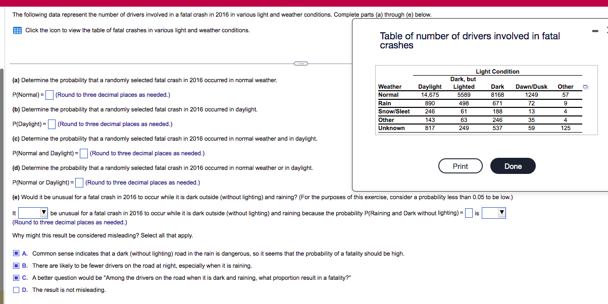 Solved Click the icon to view the table of fatal crashes in | Chegg.com