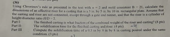 Solved (36) Using Chvorinov's rule as presented in the text | Chegg.com