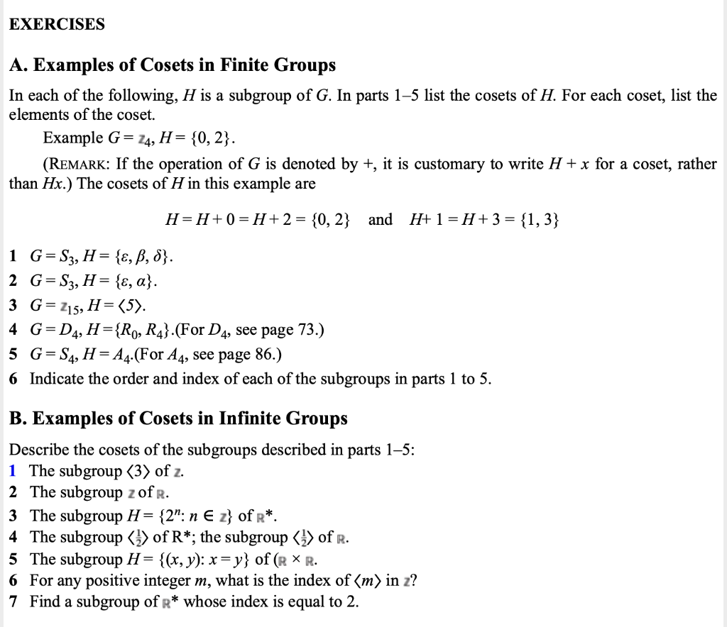 Solved EXERCISES A. Examples of Cosets in Finite Groups In | Chegg.com