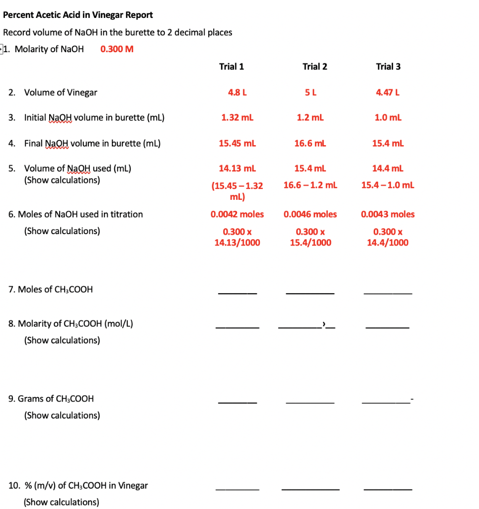 Solved Percent Acetic Acid in Vinegar Report Record volume | Chegg.com