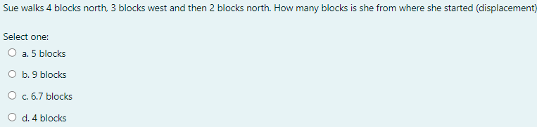 Solved Sue walks 4 blocks north, 3 blocks west and then 2 | Chegg.com