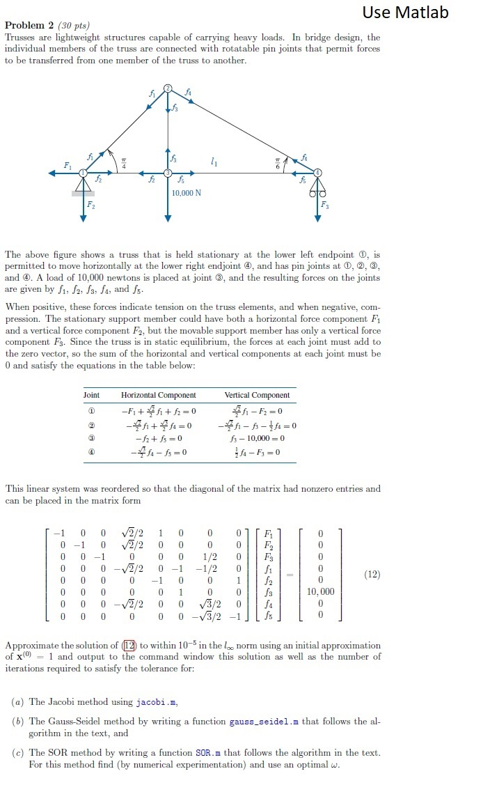 Solved Use Matlab Problem 2 (30 pts) Trusses are lightweight | Chegg.com
