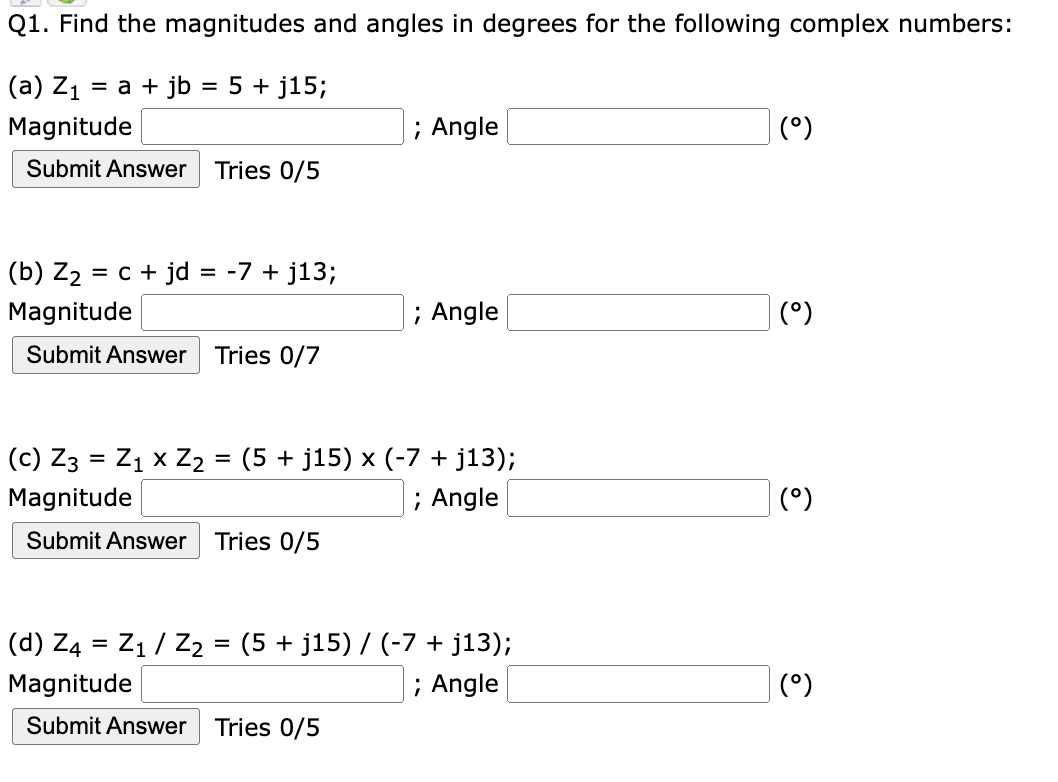 Solved Q1. Find the magnitudes and angles in degrees for the | Chegg.com