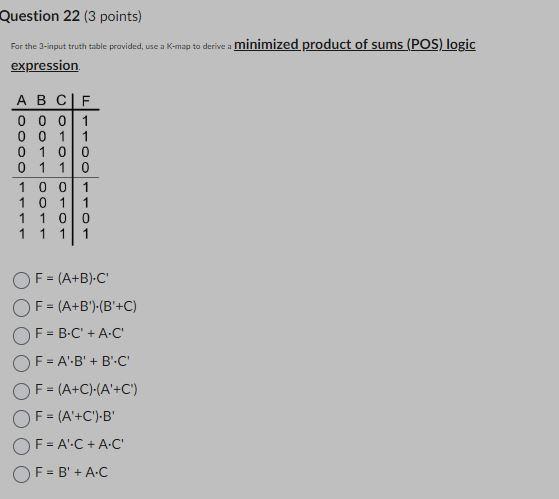 Solved For the 3-input truth thale provided, use a K-map to | Chegg.com
