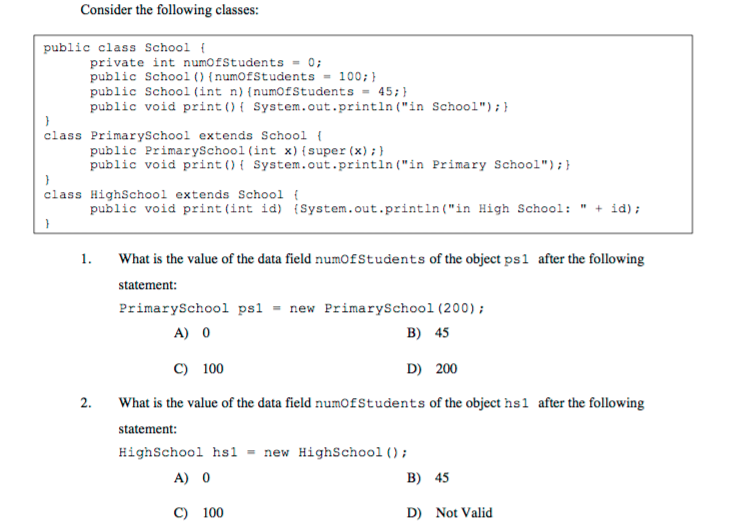 Solved Consider the following classes: public class School | Chegg.com