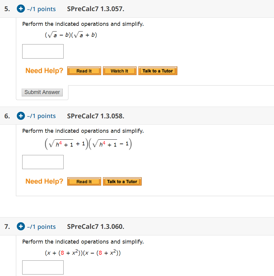 Solved 5. + -/1 points SPreCalc7 1.3.057. Perform the | Chegg.com