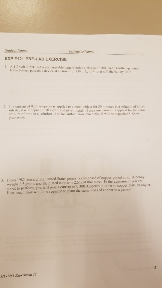 Solved Student Name: Instructor Name: EXP #12: PRE-LAB | Chegg.com