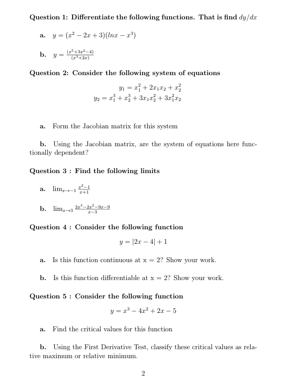 Solved Question 1: Differentiate the following functions. | Chegg.com