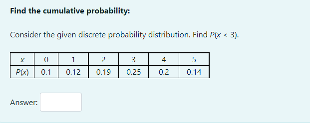 Solved Find the cumulative probability: Consider the given | Chegg.com