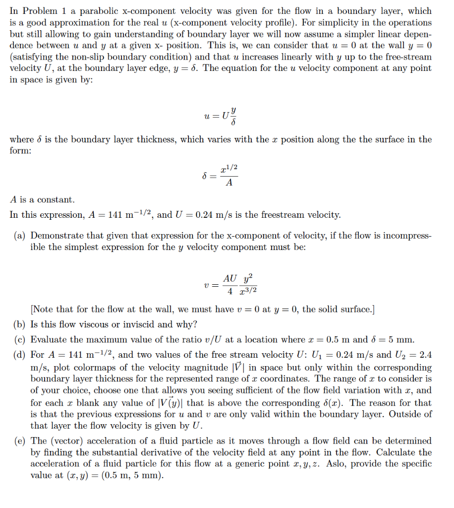 In Problem 1 a parabolic x-component velocity was | Chegg.com