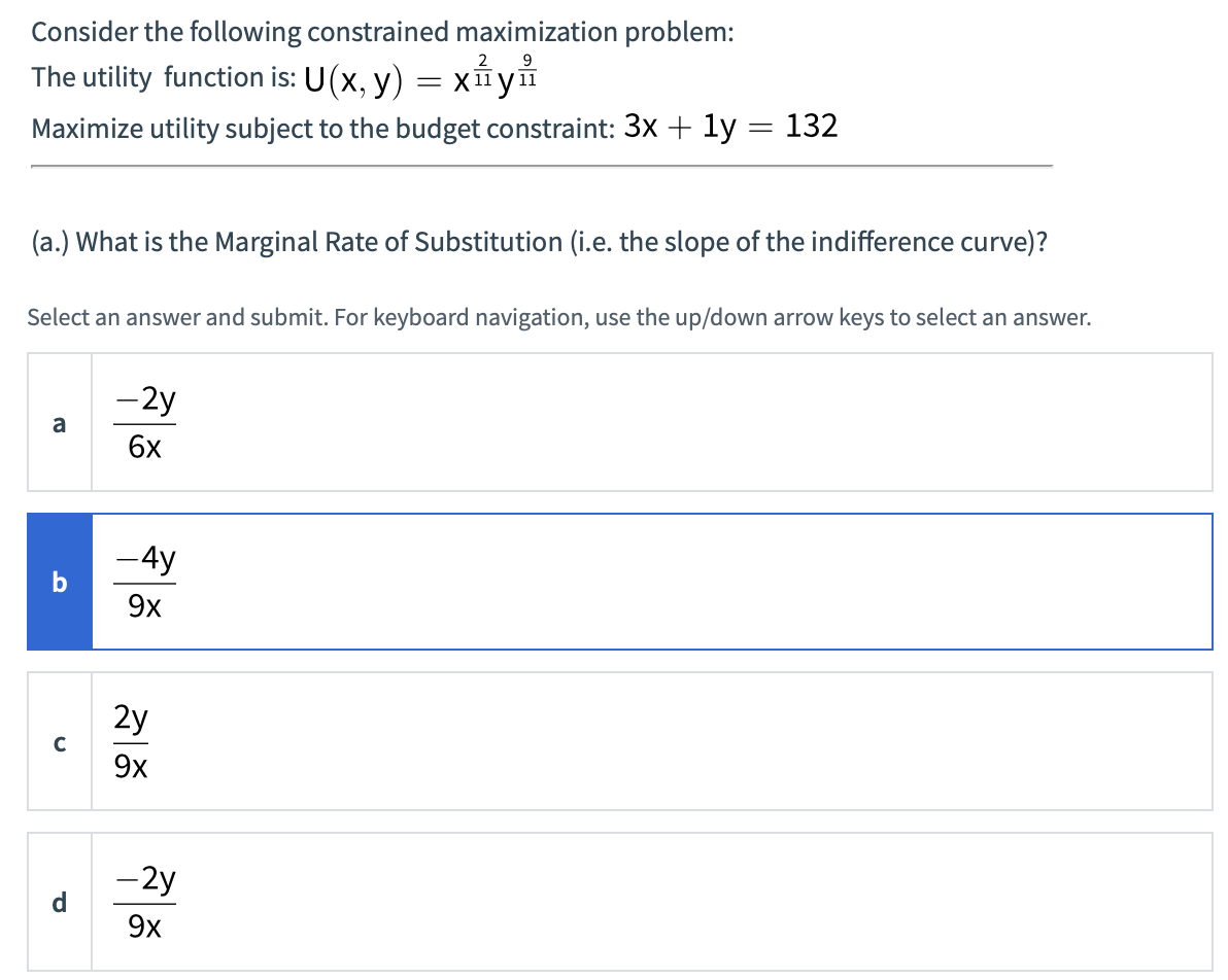 Solved The utility function is: ⋃(x,y)=x112y119 Maximize | Chegg.com
