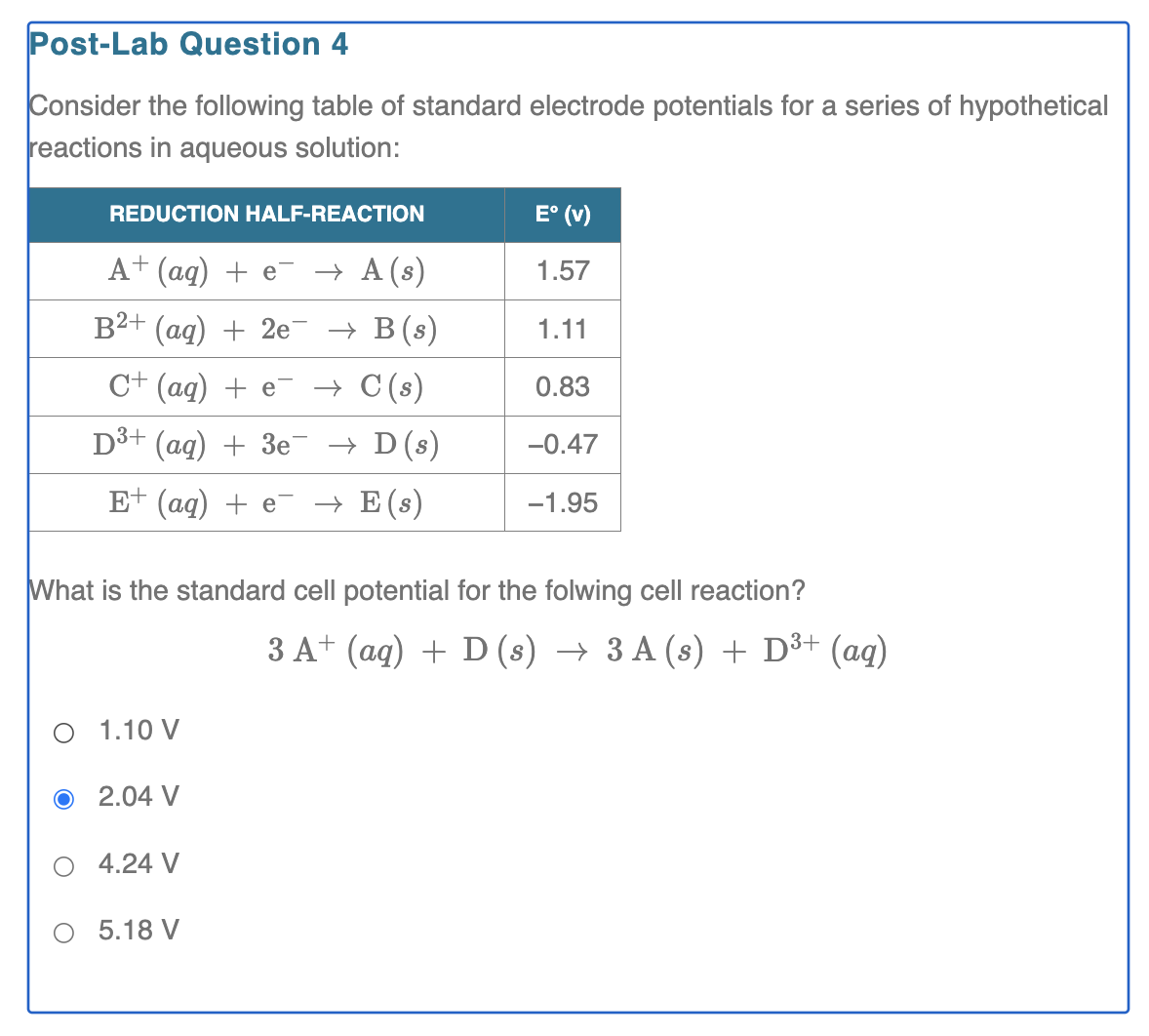 Solved Consider the following table of standard electrode | Chegg.com