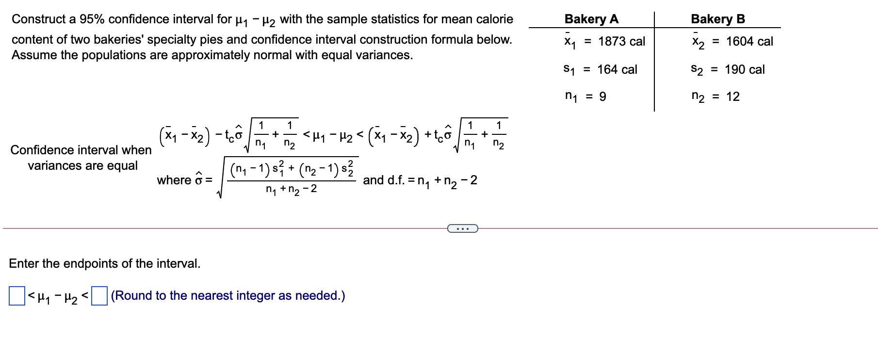 Solved Construct a 95% confidence interval for M1 - H2 with | Chegg.com