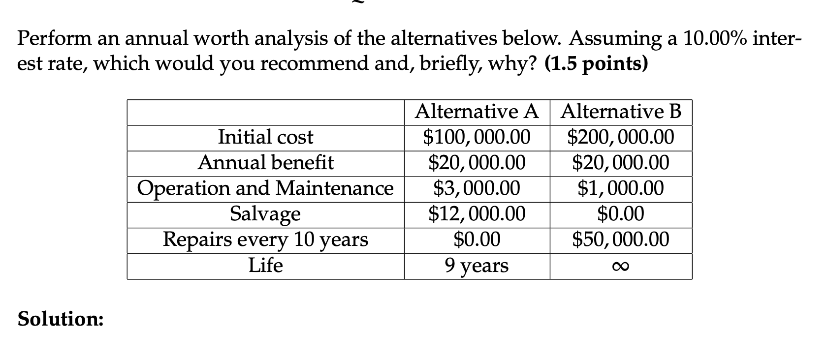 Solved Perform an annual worth analysis of the alternatives | Chegg.com