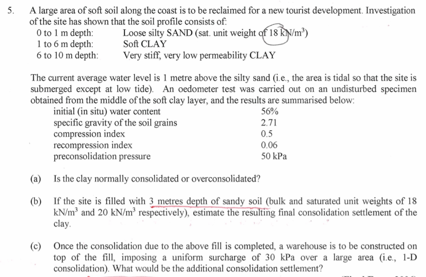 Solved 5. A large area of soft soil along the coast is to be | Chegg.com