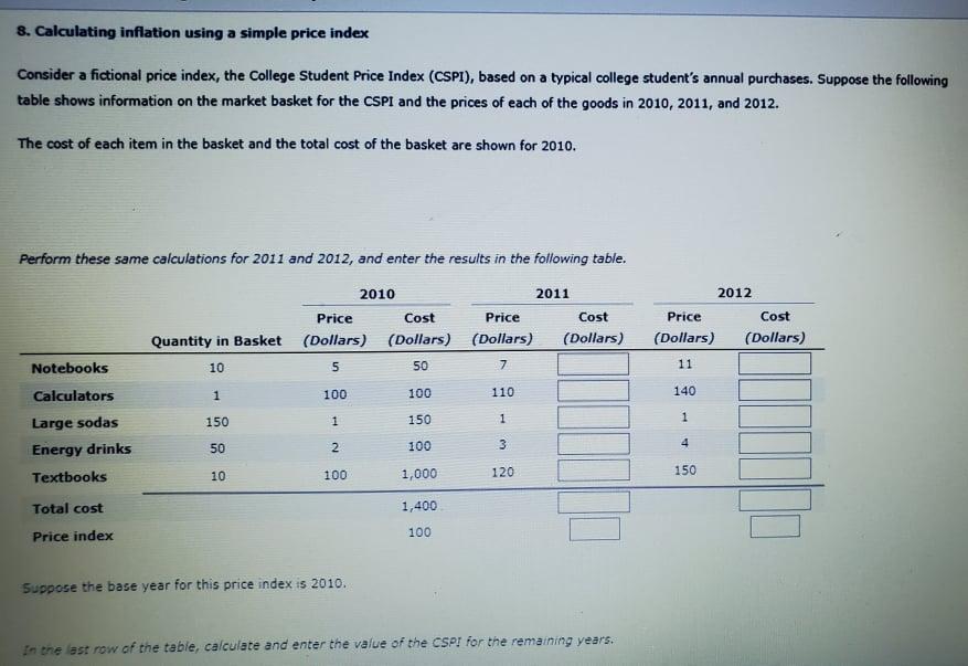 Solved 8. Calculating inflation using a simple price index | Chegg.com